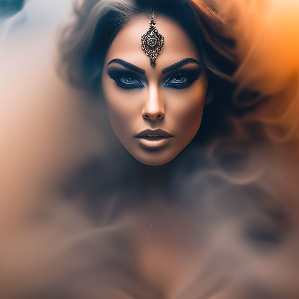 "A beautiful diva girl whose dress consists of smoke, fog and sand ...