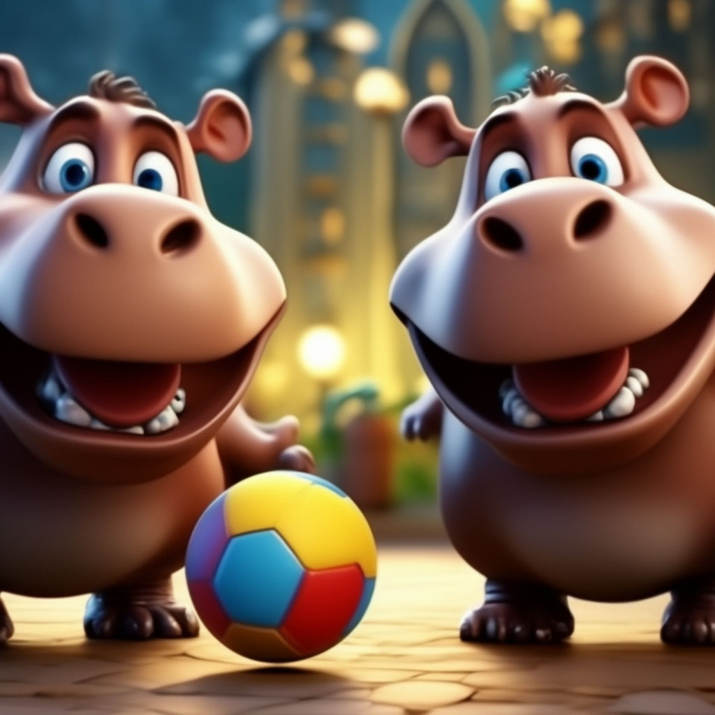 "Two funny, cute, cartoon hippos, playing ball, high resolution, high ...
