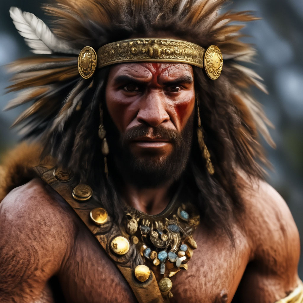 "Ancient Paleoanthropic Neanderthal warrior, beautiful, feathers, gold ...