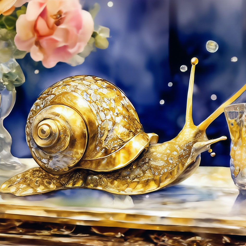 "Watercolor on silk drawing with fine strokes a fabulous golden snail ...
