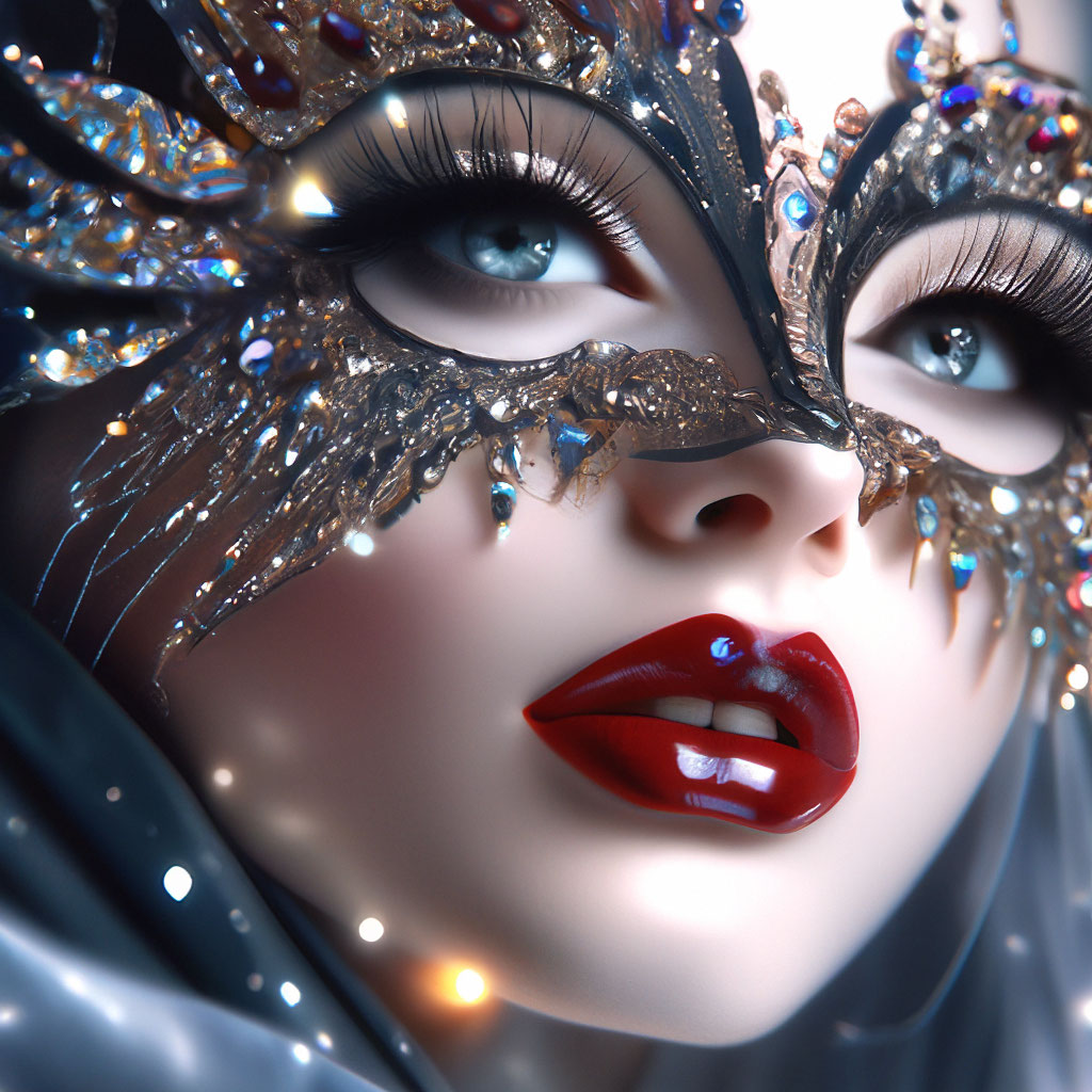 "A girl in a mask with incredibly long eyelashes, rhinestones on ...