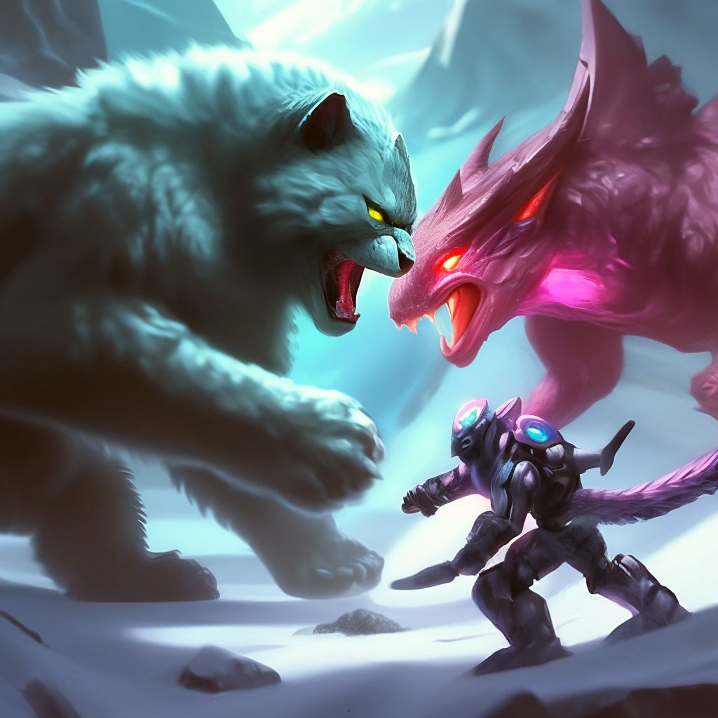 "Cyborg cat vs Yeti Dragon" — image created in Shedevrum