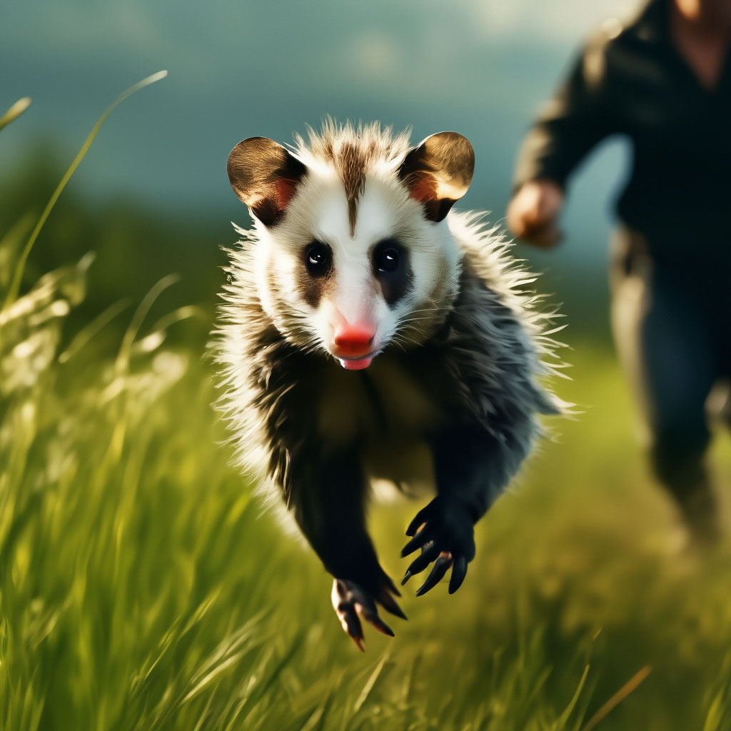 "A possum runs away from a man in a green field, photo realism" — image ...