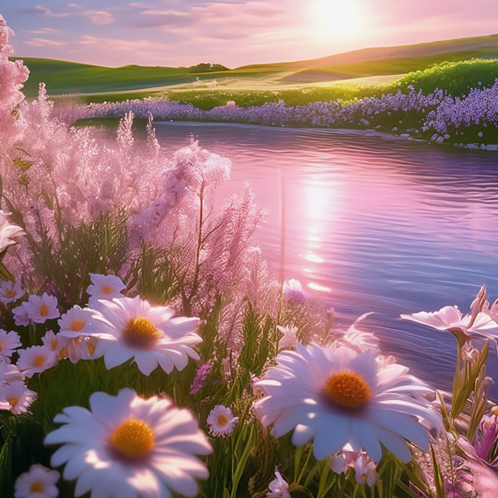 "Pale pink lake with white highlights, fields near covered with bright ...