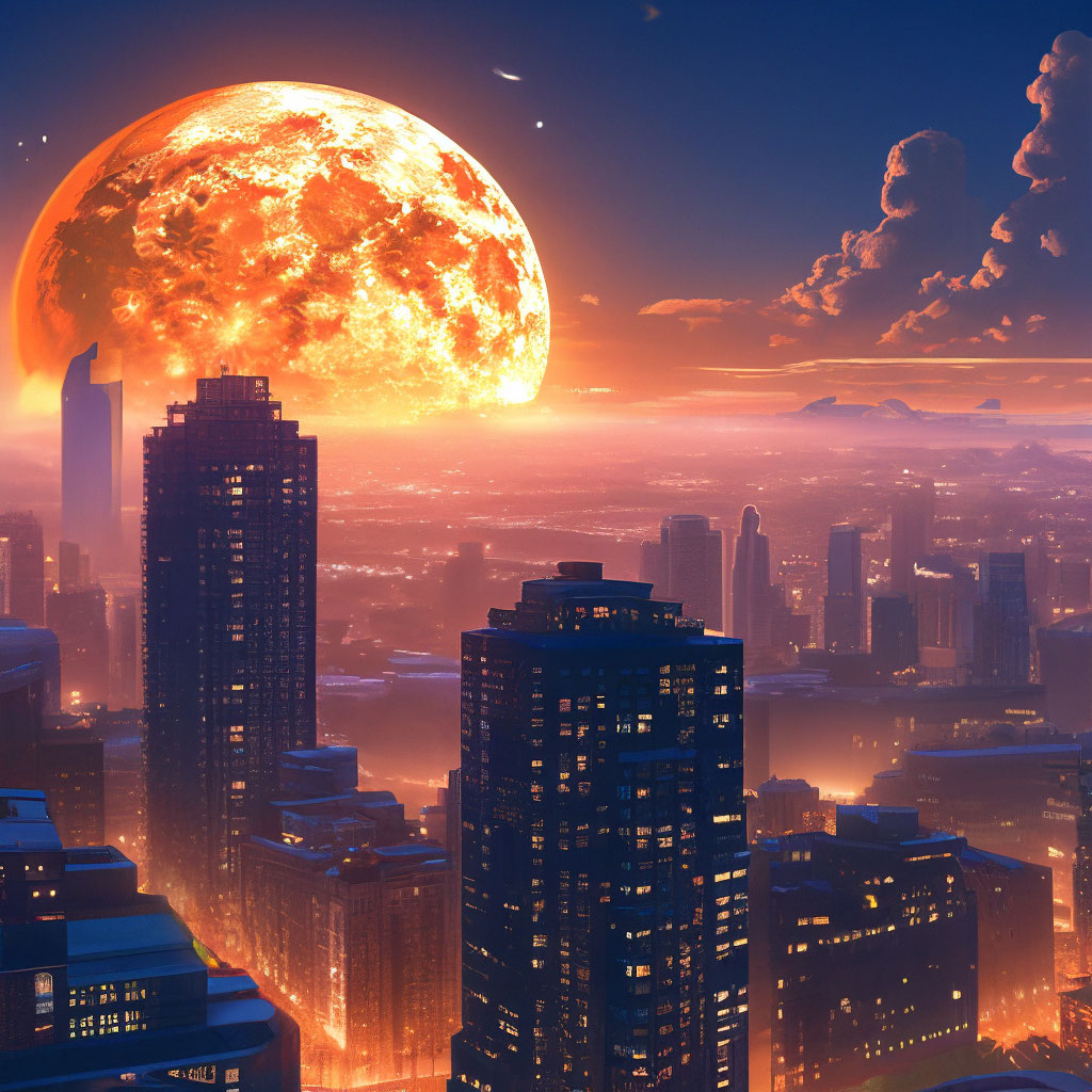 "Supermoon in the city, a huge orange glowing moon rises over the roofs ...