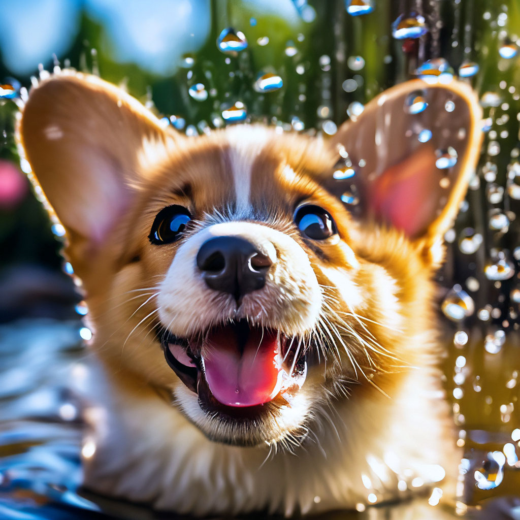 "The happy face of a corgi puppy in shiny drops of water, sunny ...