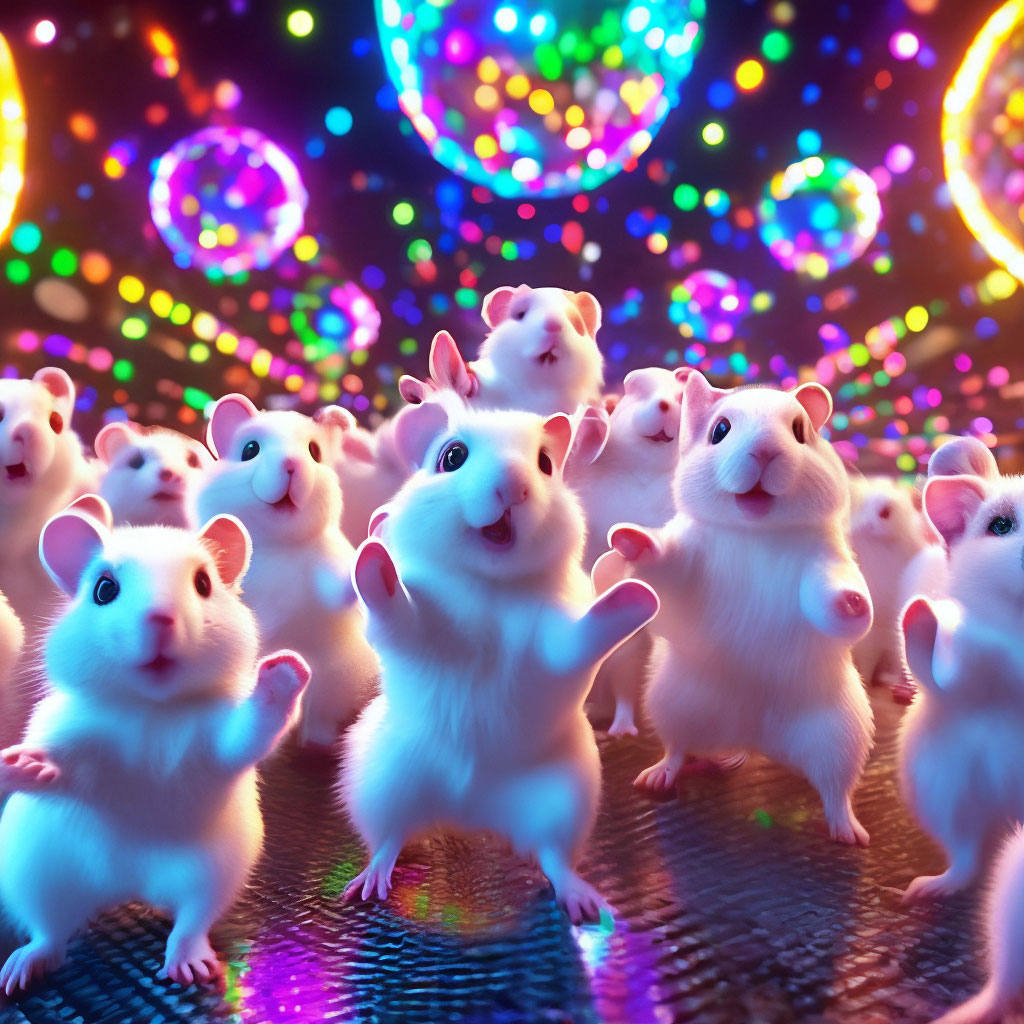 "A crowd of white hamsters dancing at a disco under a disco ball ...