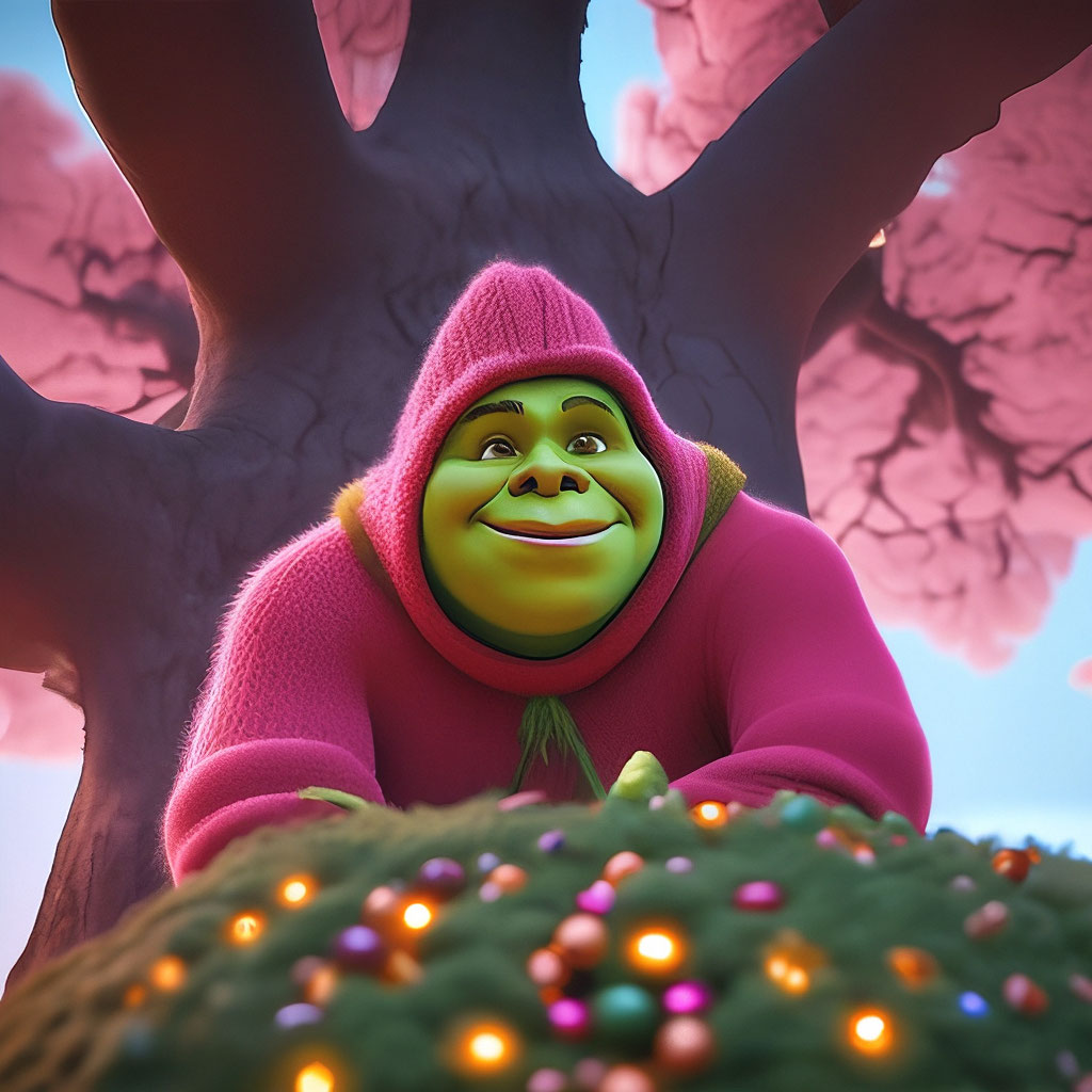 "A magical red-hot hollow on an oak tree, inside the hollow Shrek is ...