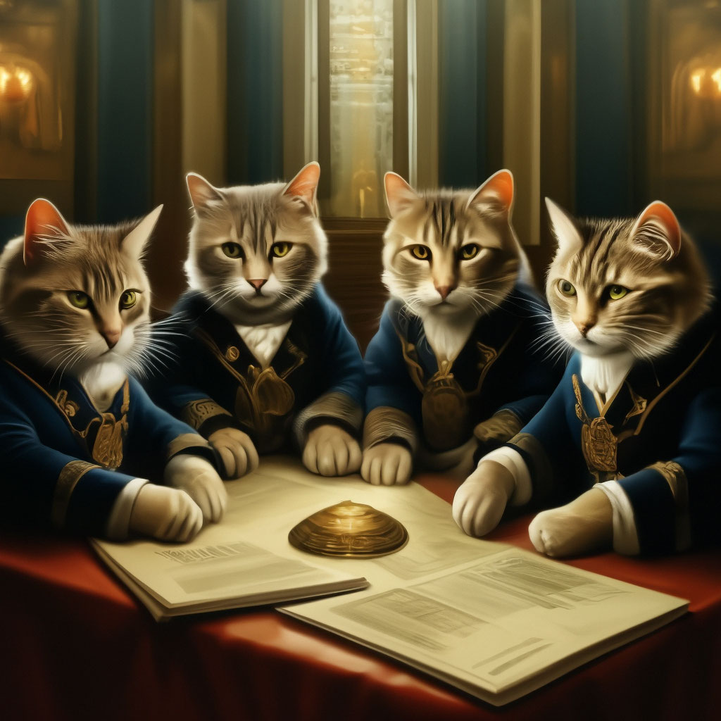 "Masonic cats at a secret meeting" — image created in Shedevrum