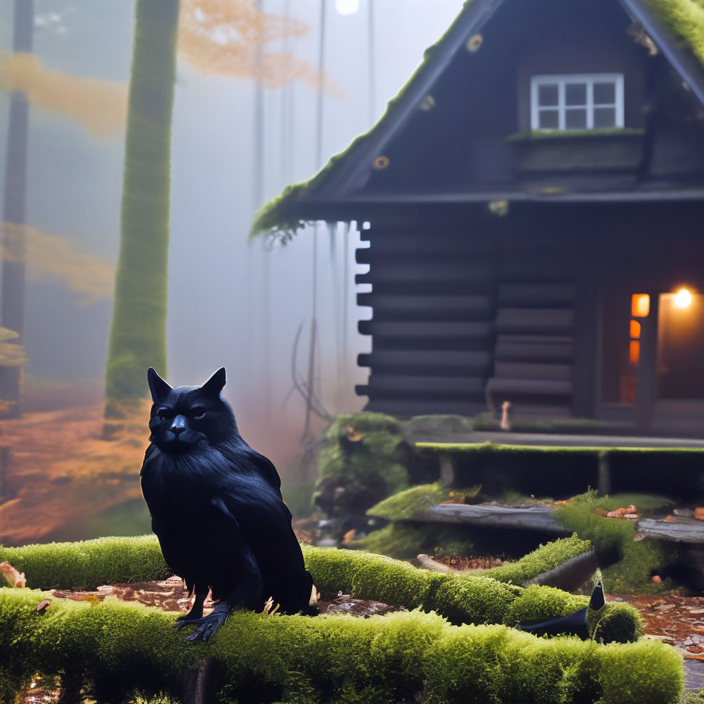 "Fabulous hut, smoke from the chimney, black raven on a branch, cat on ...