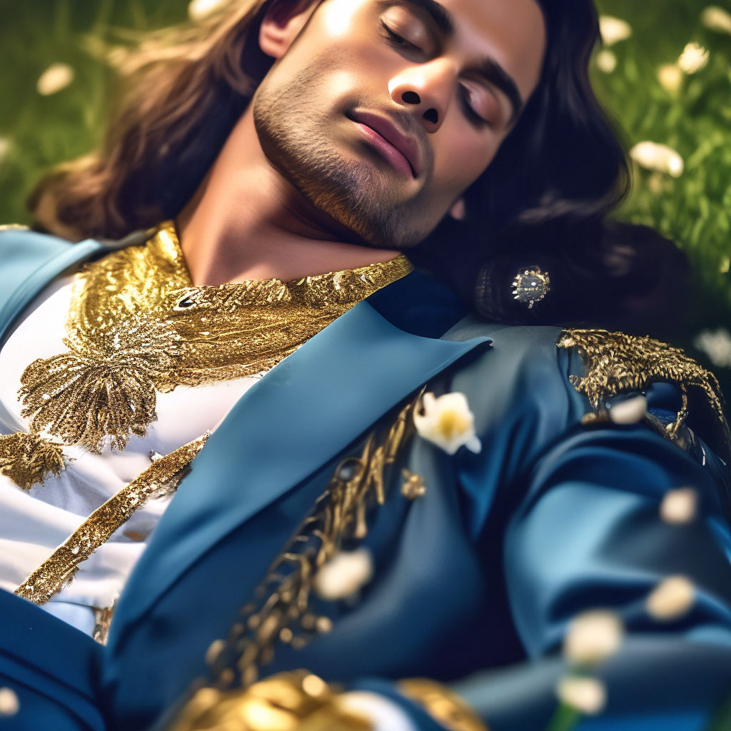 "Sleep under the stars. prince charming sleeps on the grass at night, gold …" — image created in ...