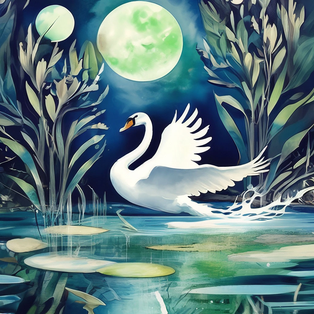 "Patterned mural, swan takes off on a pond escaping from a kite,full ...