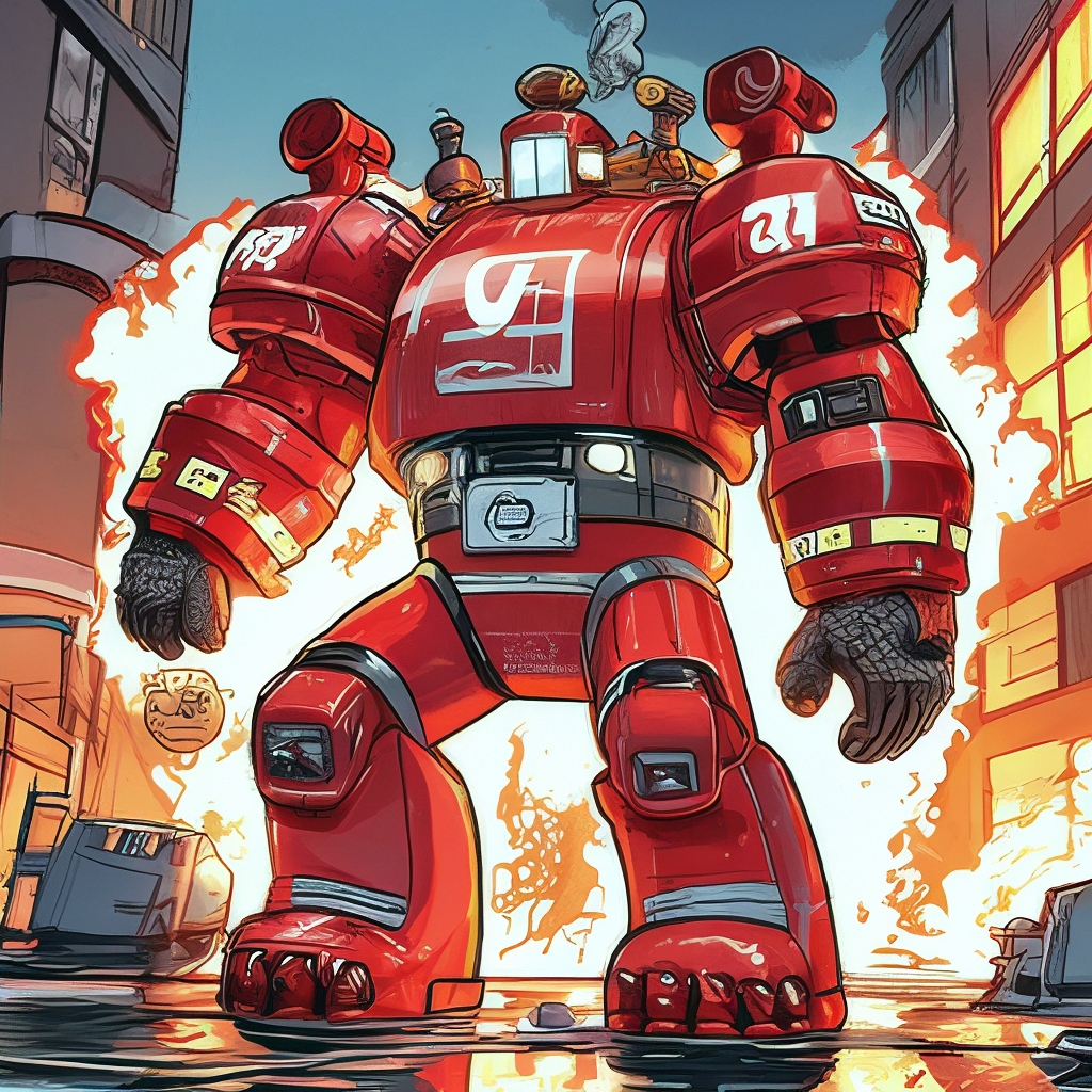 "⬛ a large serious fire robot, on wheels, hoses on his hands, a large ...