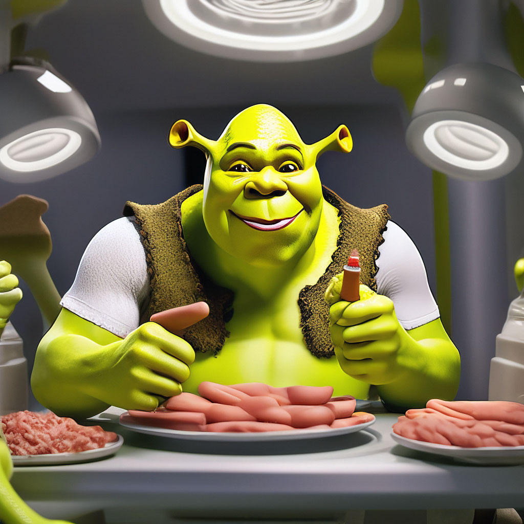 "Shrek eats sausages" — image created in Shedevrum
