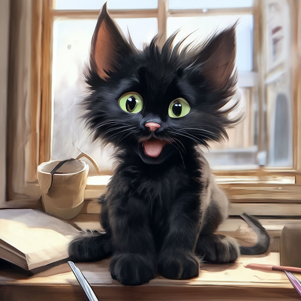 "Kitten smack , cartoon, disheveled funny black kitten, random unusual ...