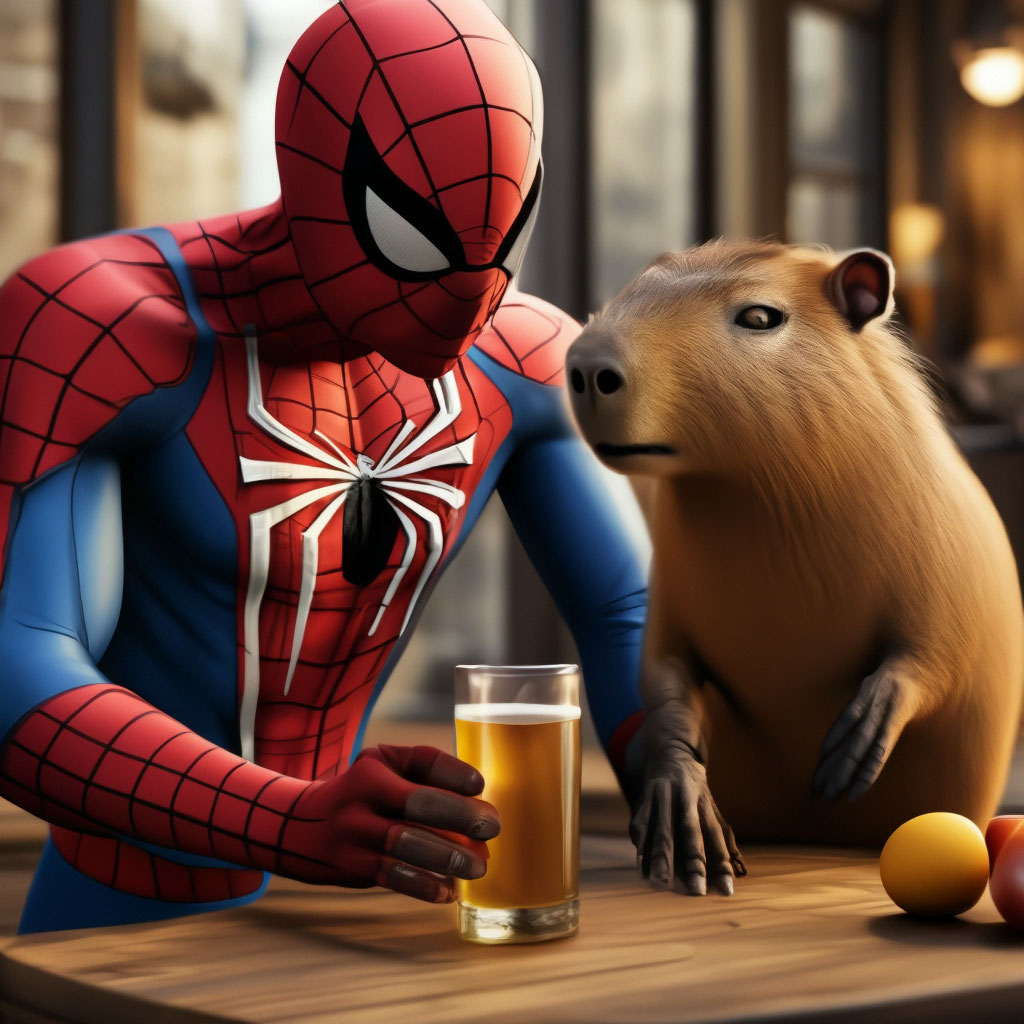 "Spider-man drinks beer with capybara" — image created in Shedevrum