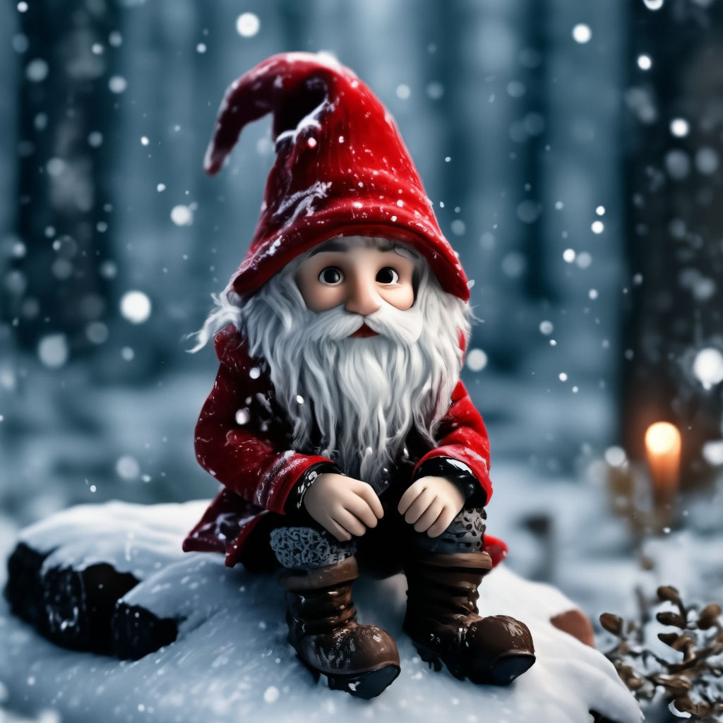 "Winter fairy forest, a little gnome in a red cap sitting hunched on a ...