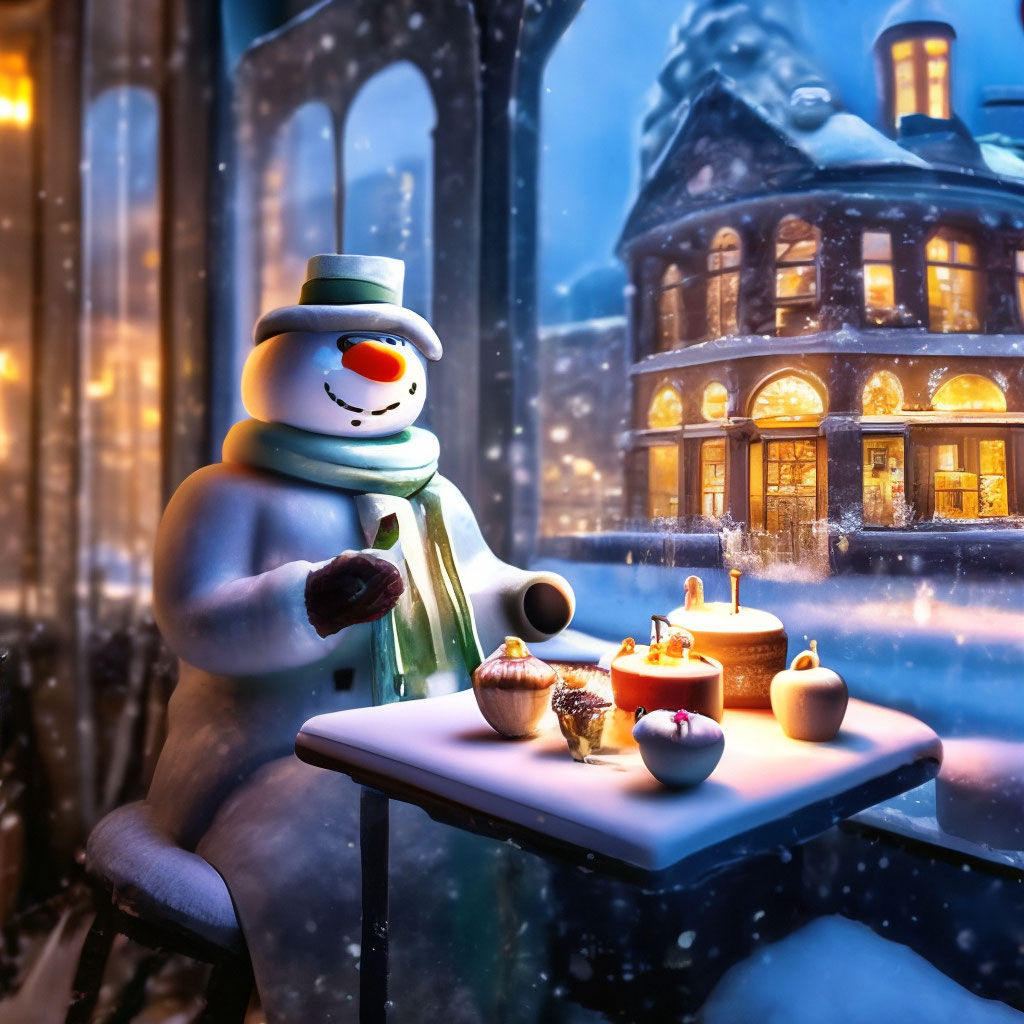 "City evening snow cafe a snowman is sitting at the festive window ...