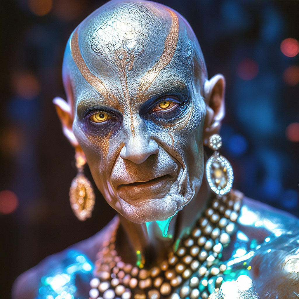 "#S old wrinkled bald three-eyed man, silver iridescent skin ...