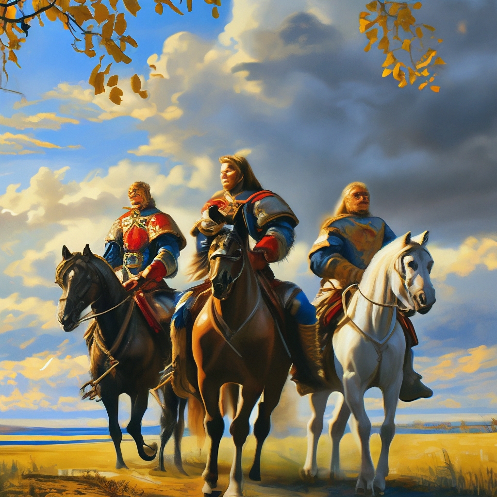 "Three russian heroes, old style, slavic painting, old russian style ...