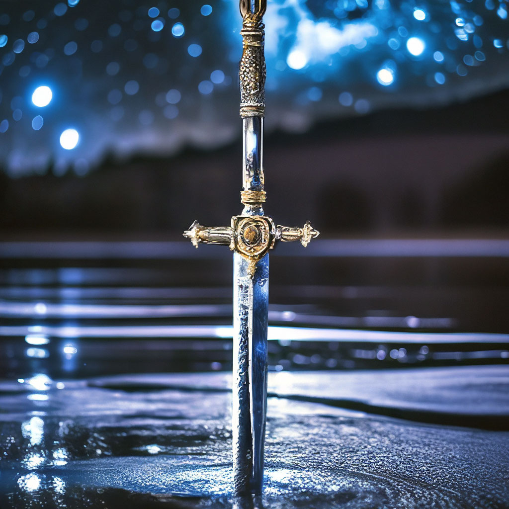 "Huge antique sword half in the water, in the reflection of the cosmic ...