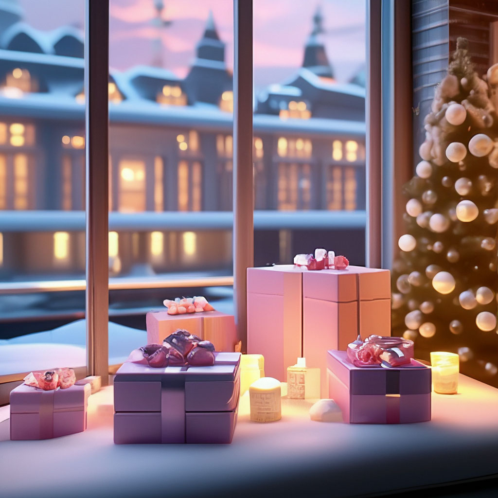 "New Year's gifts on the window near the Christmas tree, glamour ...