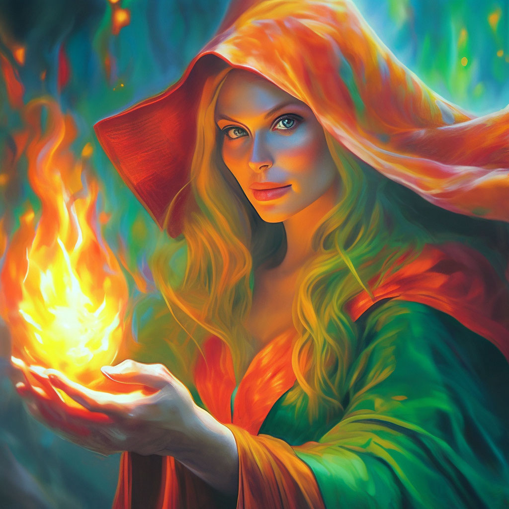 "A magical woman, a witch looks at the magic fire at hand high.. red+ ...