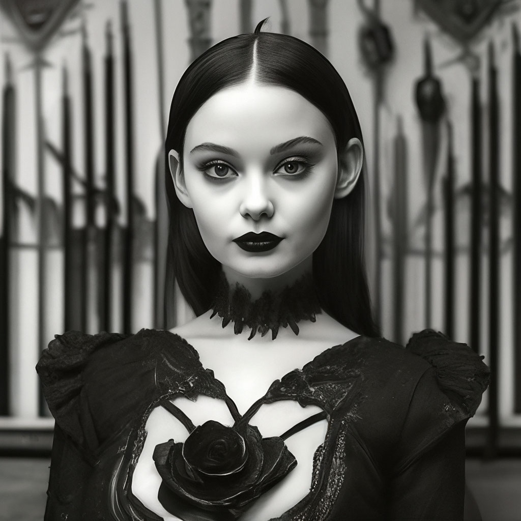 "Gothic, Wednesday Addams, 19 years old in a seductive pose, artful ...