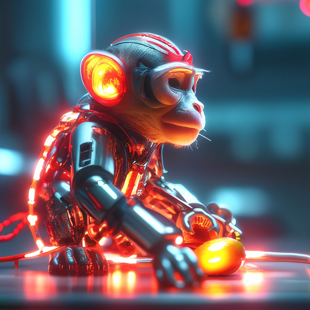 "Cyborg monkey eats an electric banana with red glowing wires ...