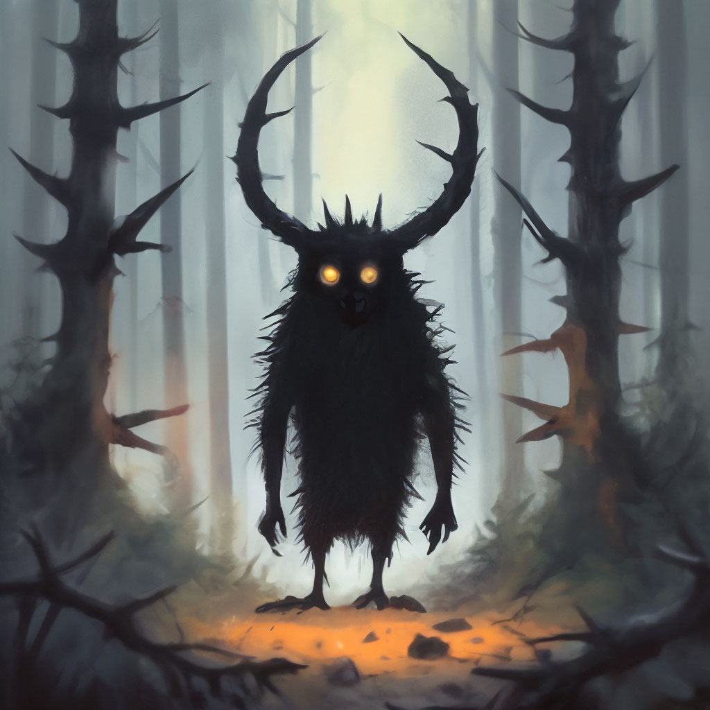 "Sad skinny anthropomorphic monster with horns, black, without a face ...
