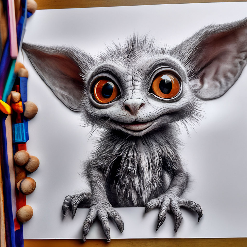 "Гремлин On a white sheet of paper, a pencil drawing of a very cute ...