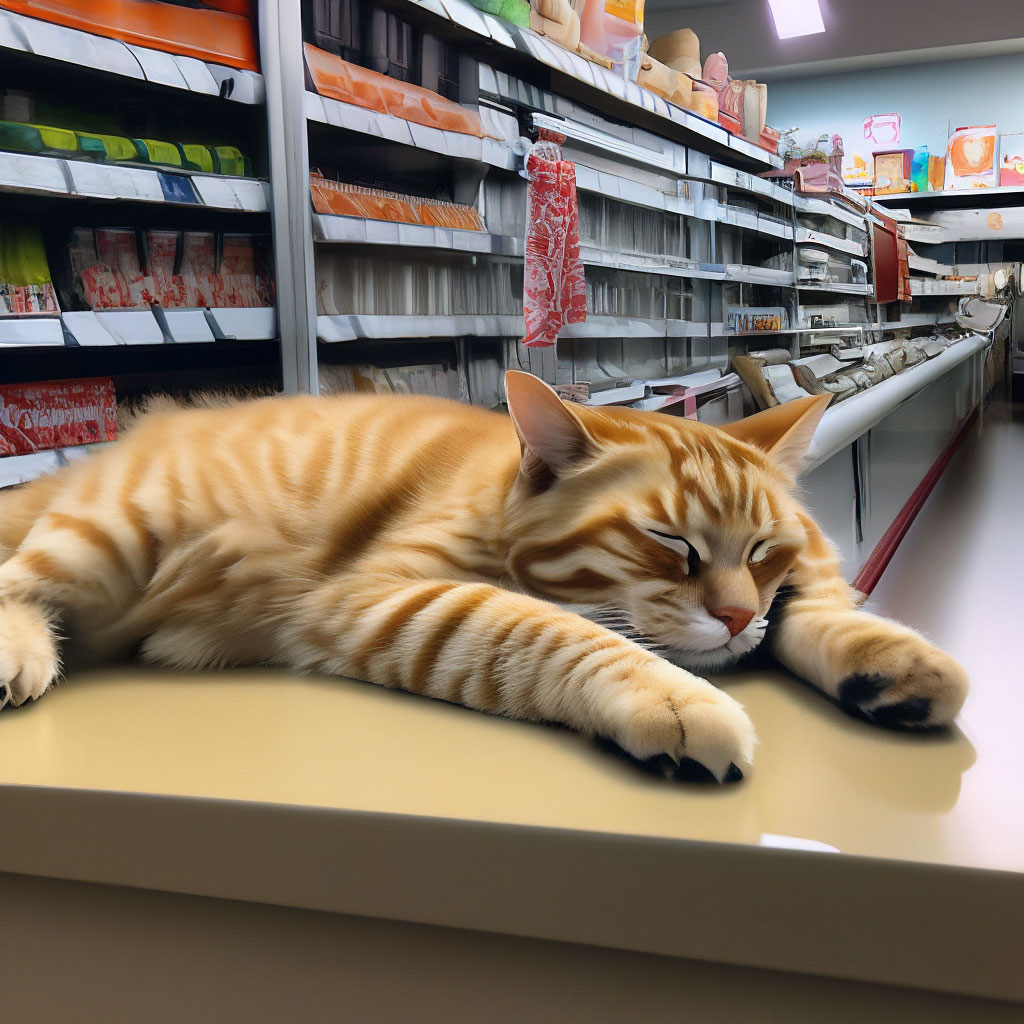 "The cat sleeps at the checkout in the store" — image created in Shedevrum