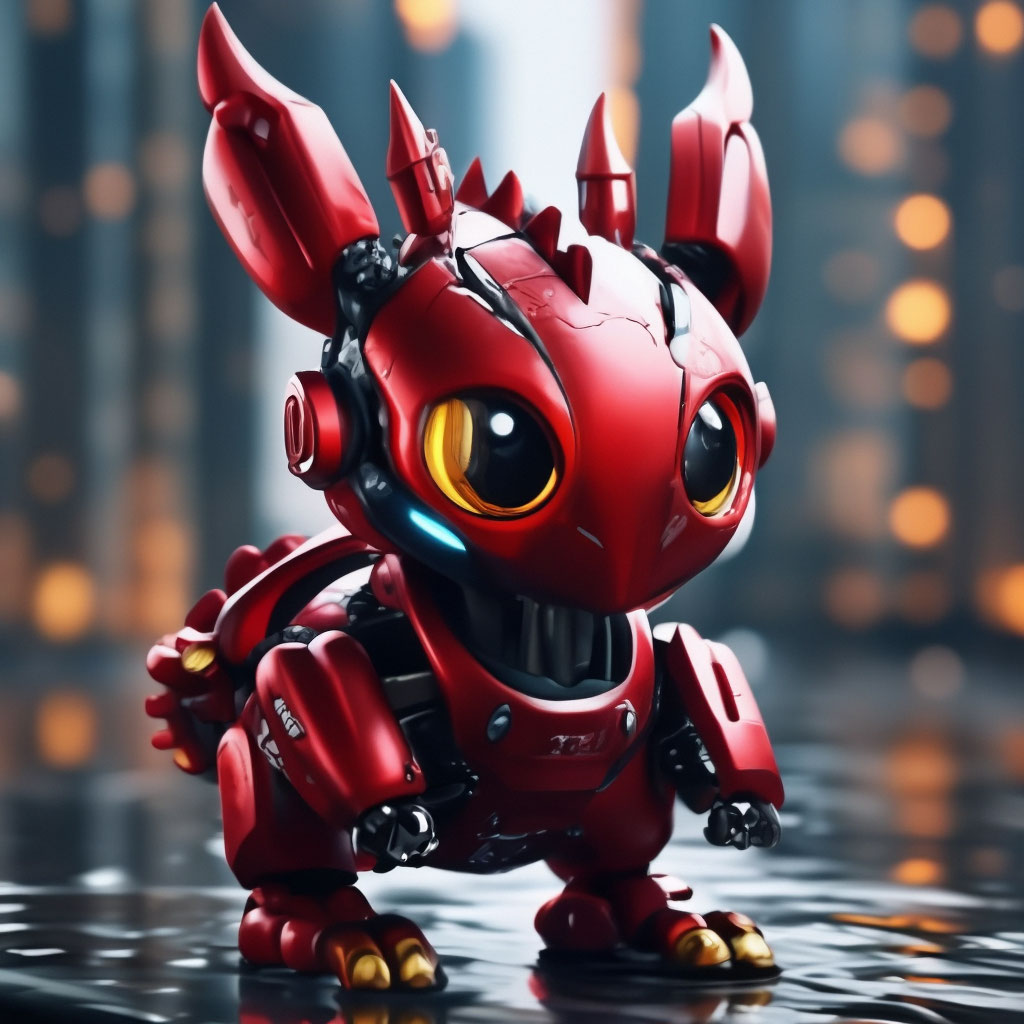 "A very cute and small dragon robot and it is red and it has spikes and ...