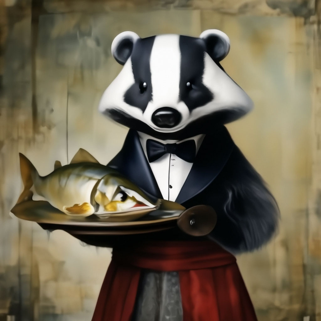 "Badger as a human waiter 3d, carries a large round fish on a platter ...