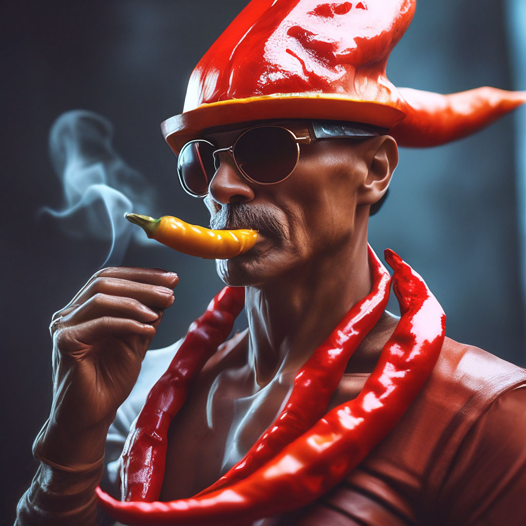 "Chili pepper man, with eyes, cigar in his teeth, realistic, futuristic ...
