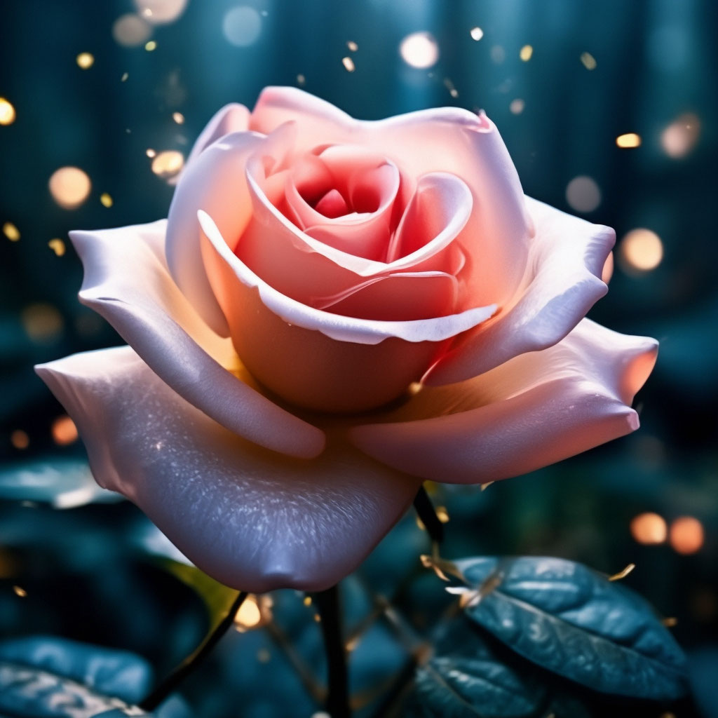 "Delicate rose in moonlight, rays through it, beautiful, fireflies ...
