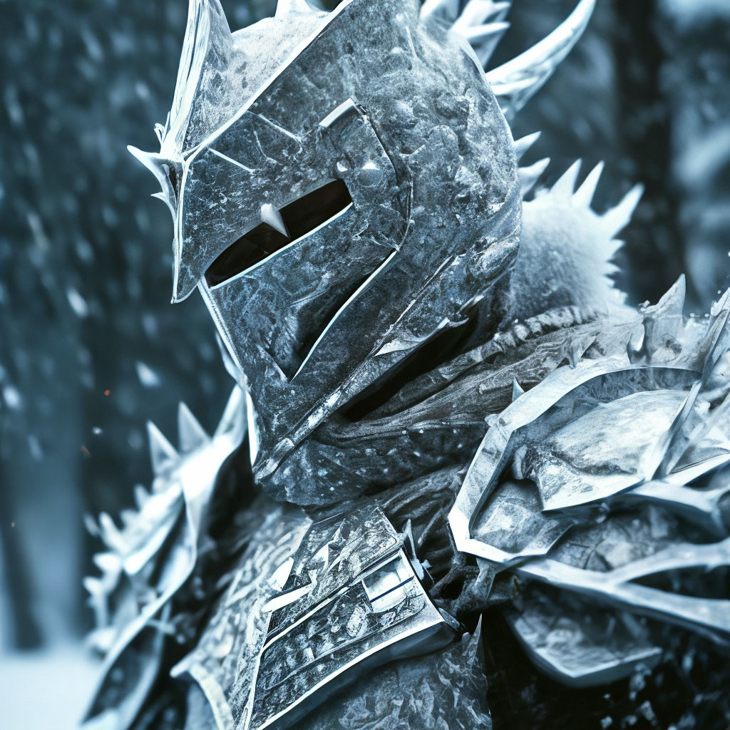 "Frozen horned knight in ice armor comes out of a snowstorm, close-up ...