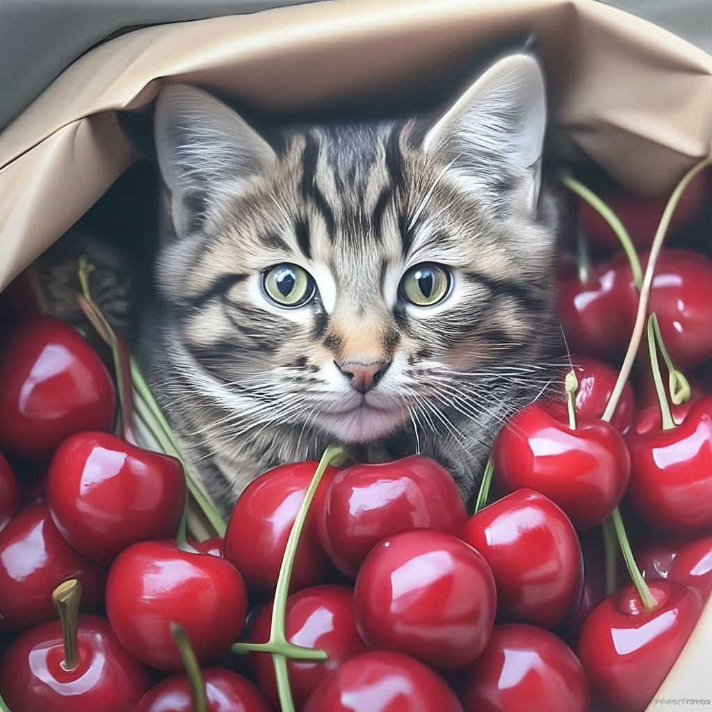 "Cherry cat in a bag" — image created in Shedevrum