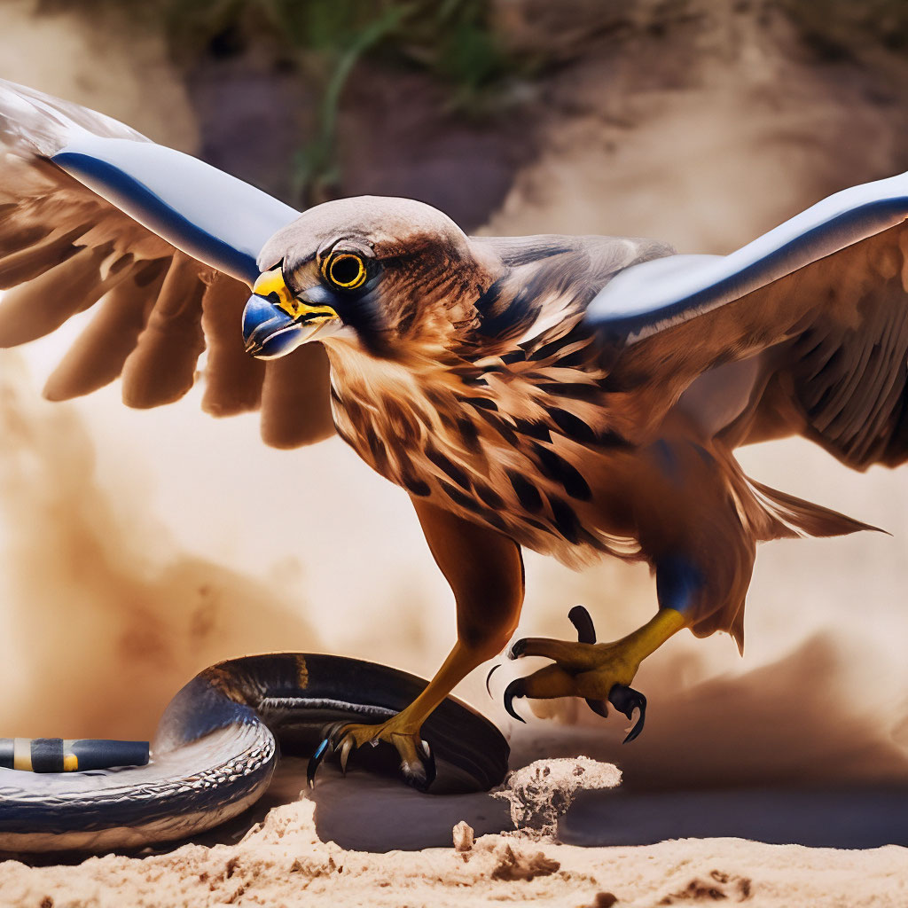 "Falcon catches a snake, fight, dust,, realistic, beautiful, close-up ...
