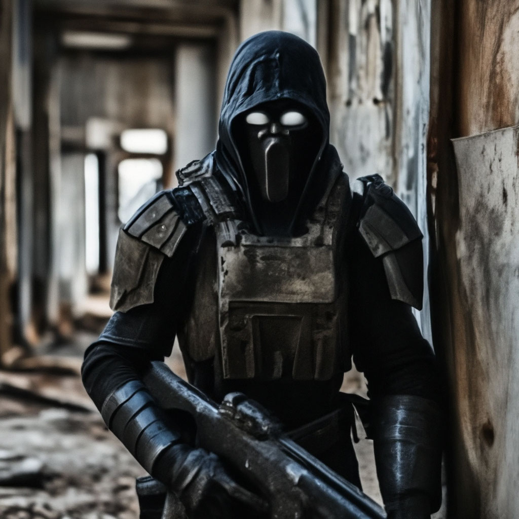 "Stalker in black armor hiding behind the corner of an abandoned ...
