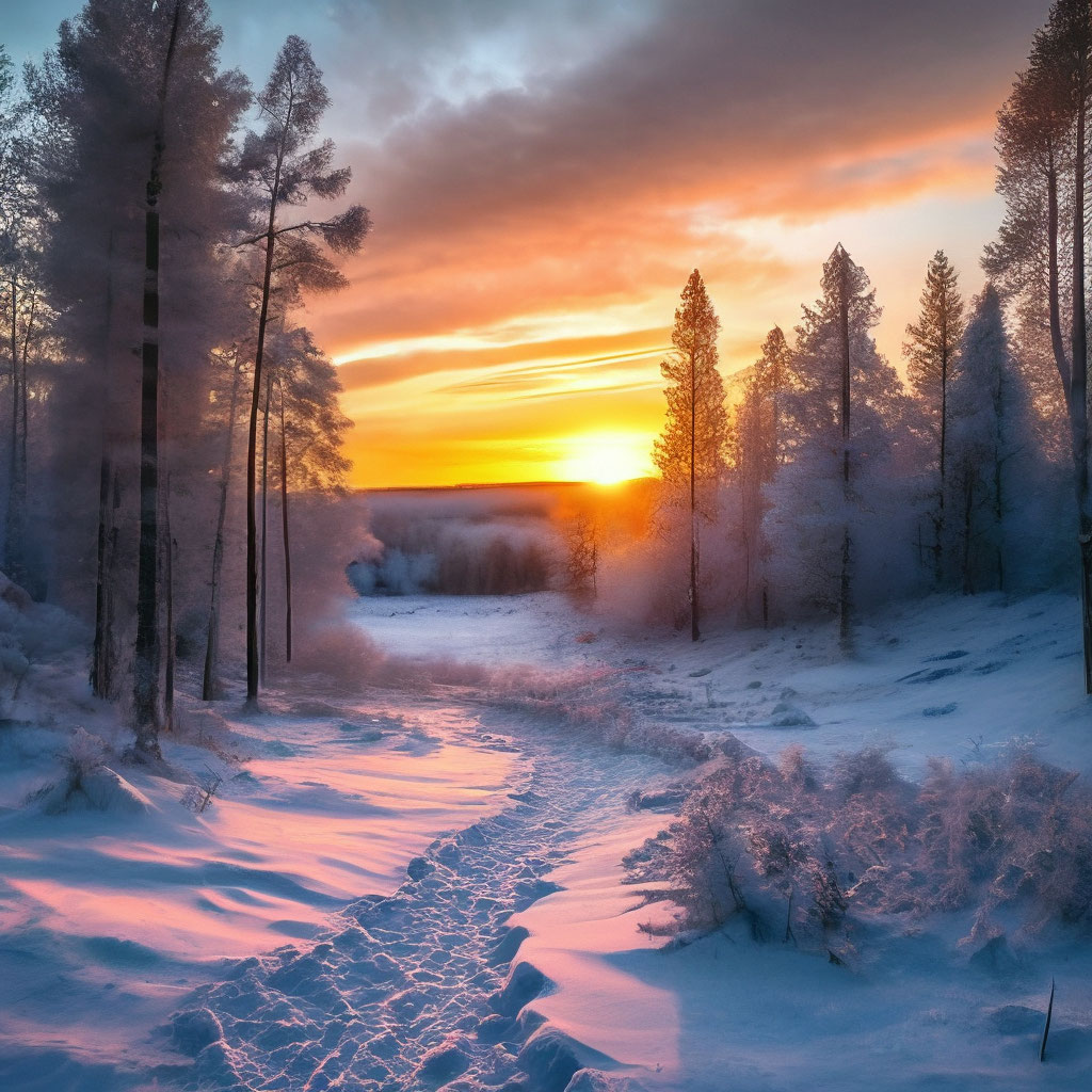 "Snowy winter Russian landscape, sunset in the forest, winter cold ...
