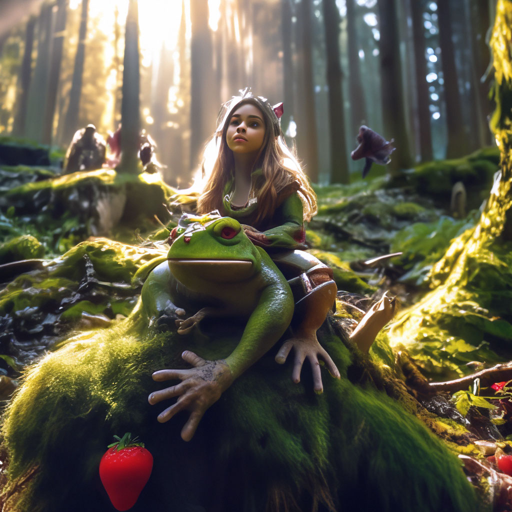 "Crazy elves riding a frog rotten old stump Moss strawberry mushroom ...