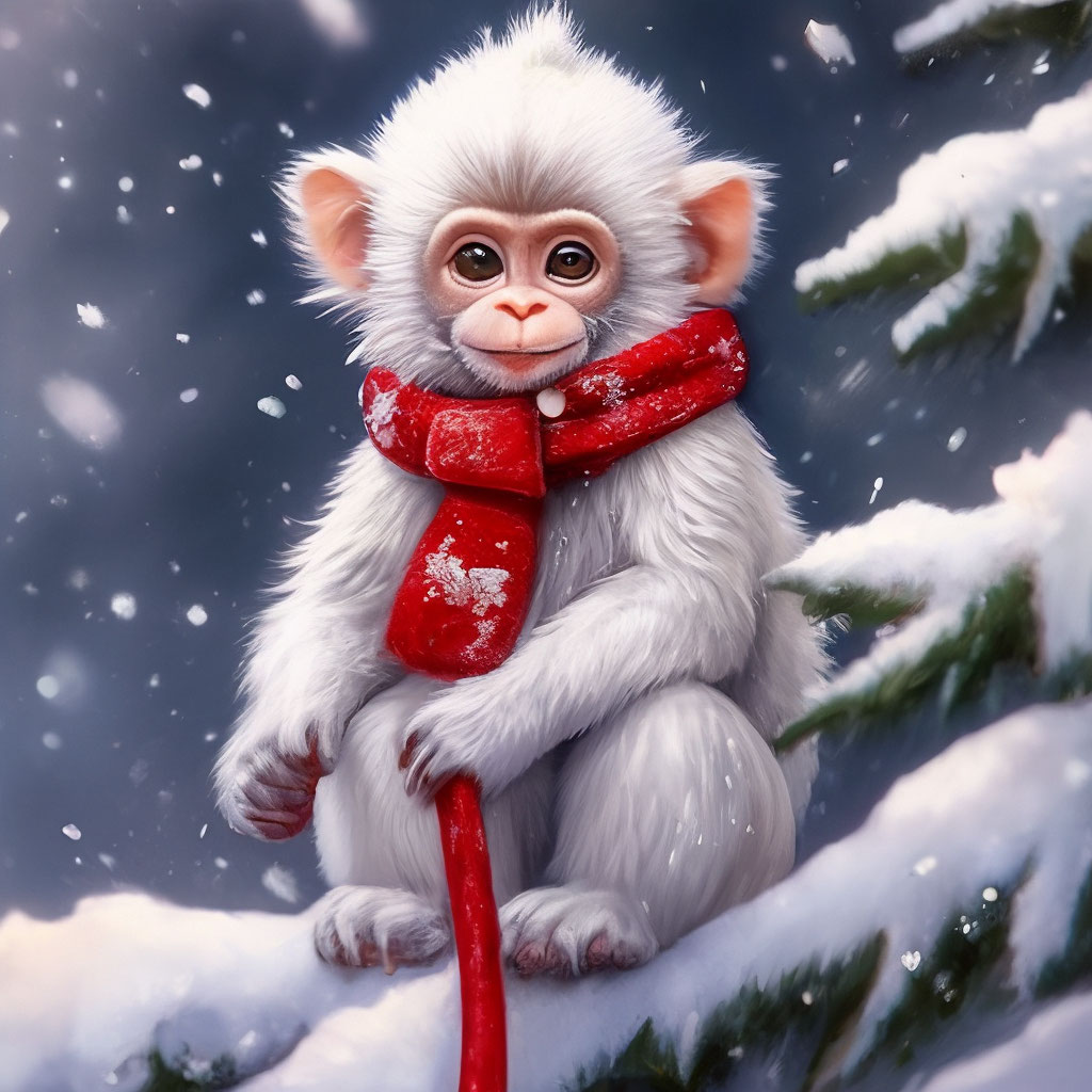 white monkey, in a red scarf, sitting on a Christmas tree, snow all ...