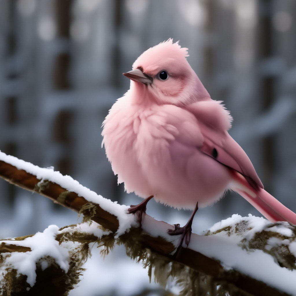 "A soft pink bird in the winter forest" — image created in Shedevrum