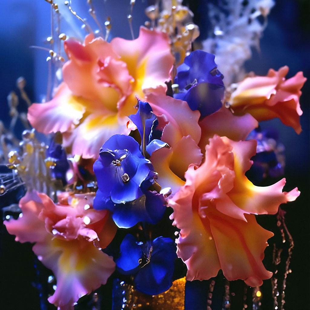 "A lively beautiful bouquet of gladioli, indigo fire, water drops ...