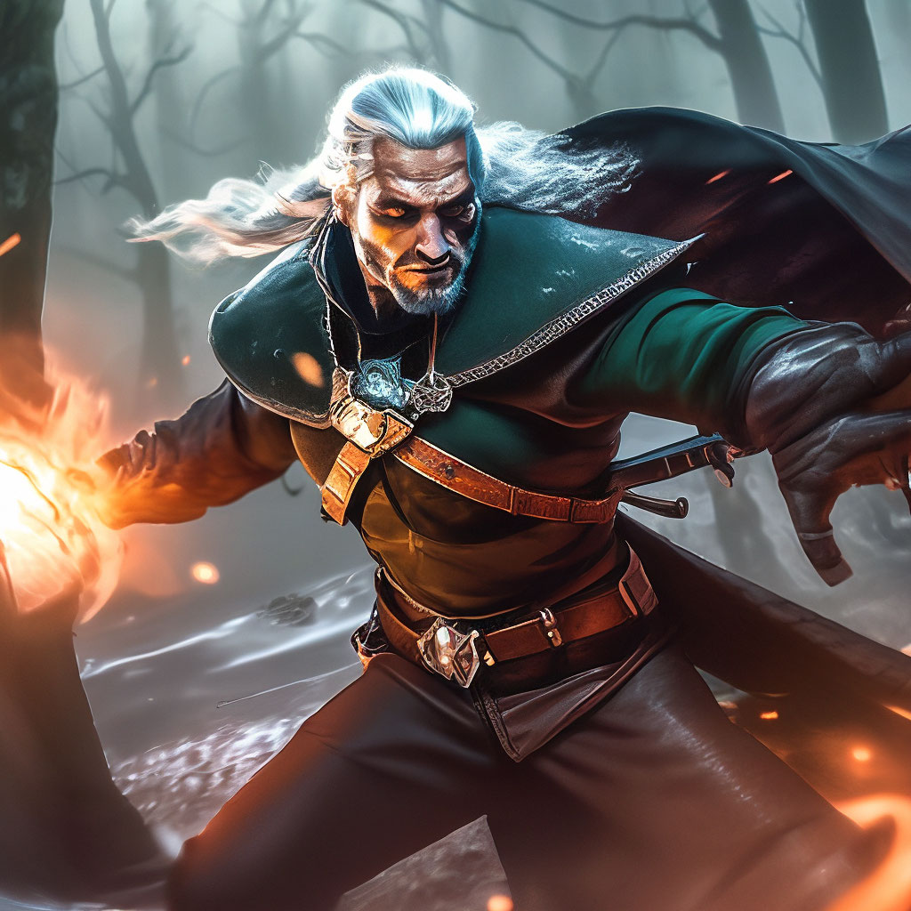 "The witcher in the cloak fights the enemy" — image created in Shedevrum