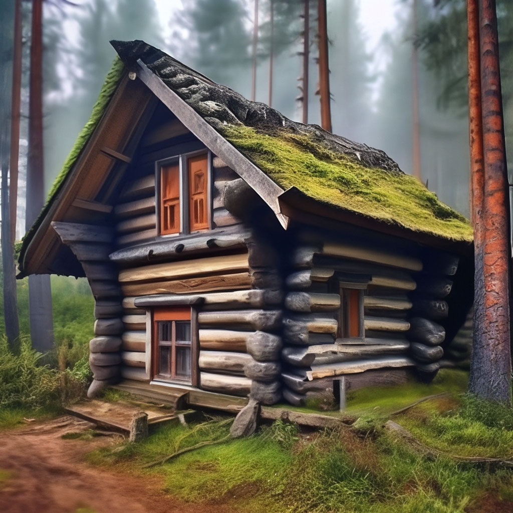 "Old Russian hut, leaning walls in the forest, photo, realistic, lots ...