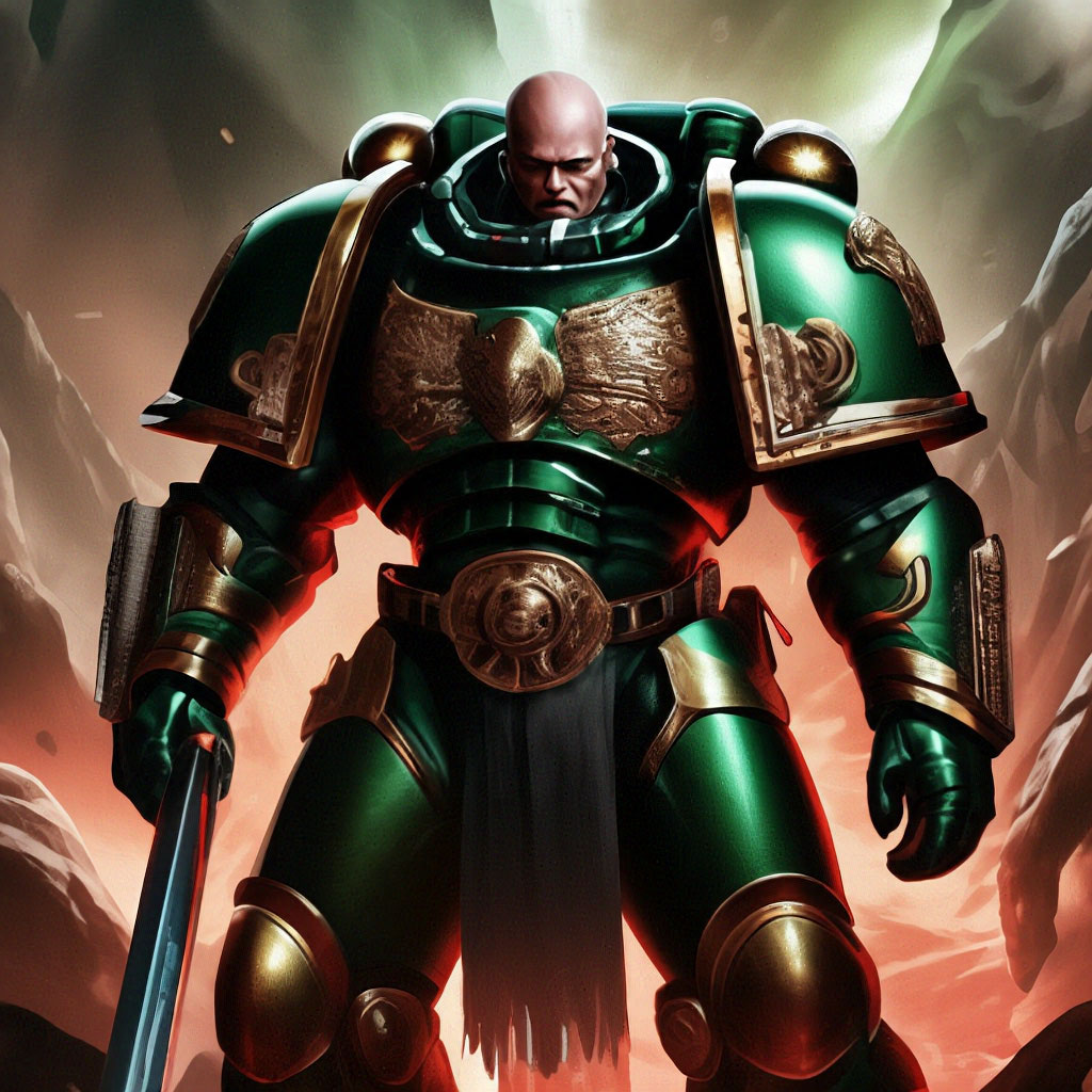 "A primarch named Vulcan in dark green scaly power armor,bald head,mega ...