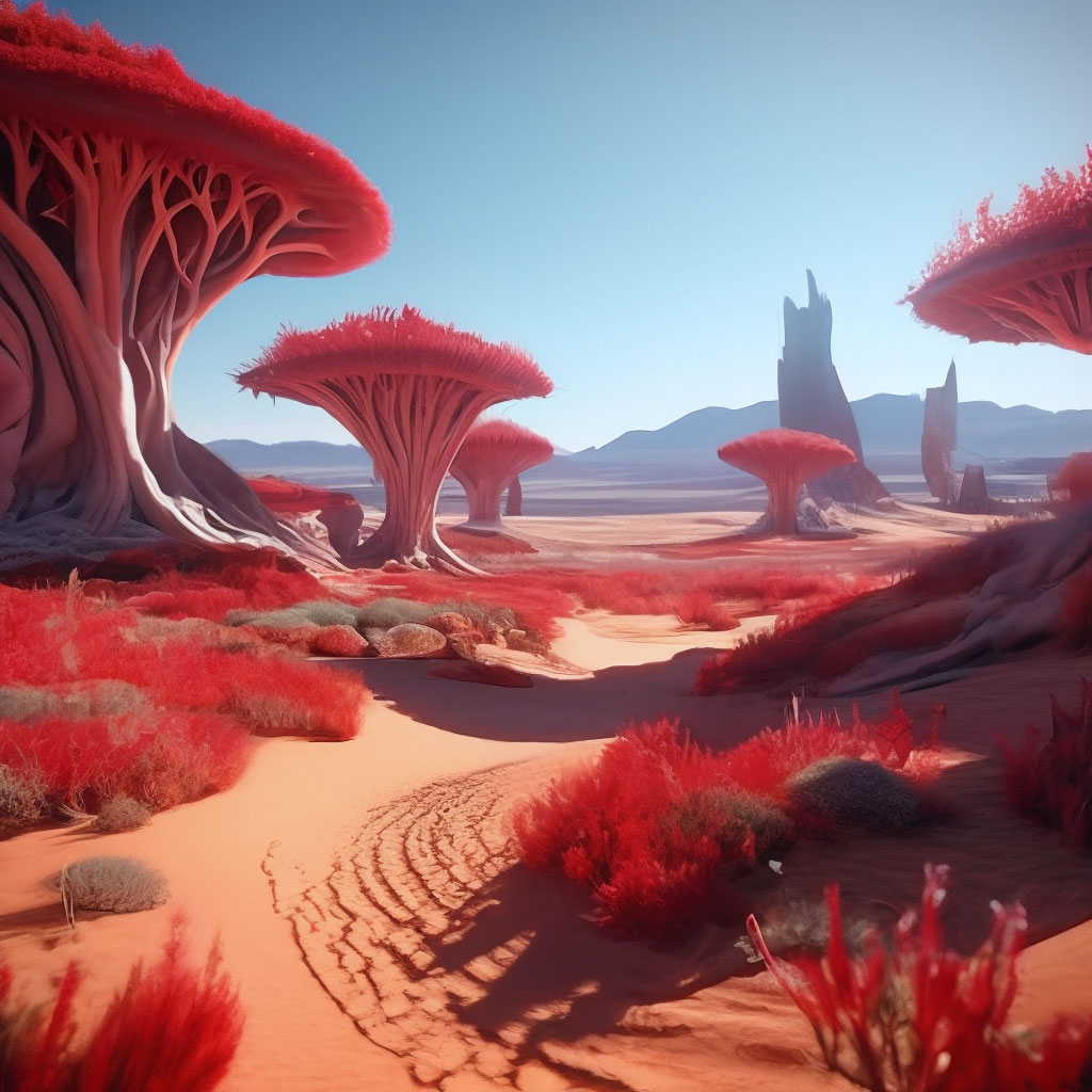 "Alien landscape, plain, desert, rare bizarre red desert plants, high ...