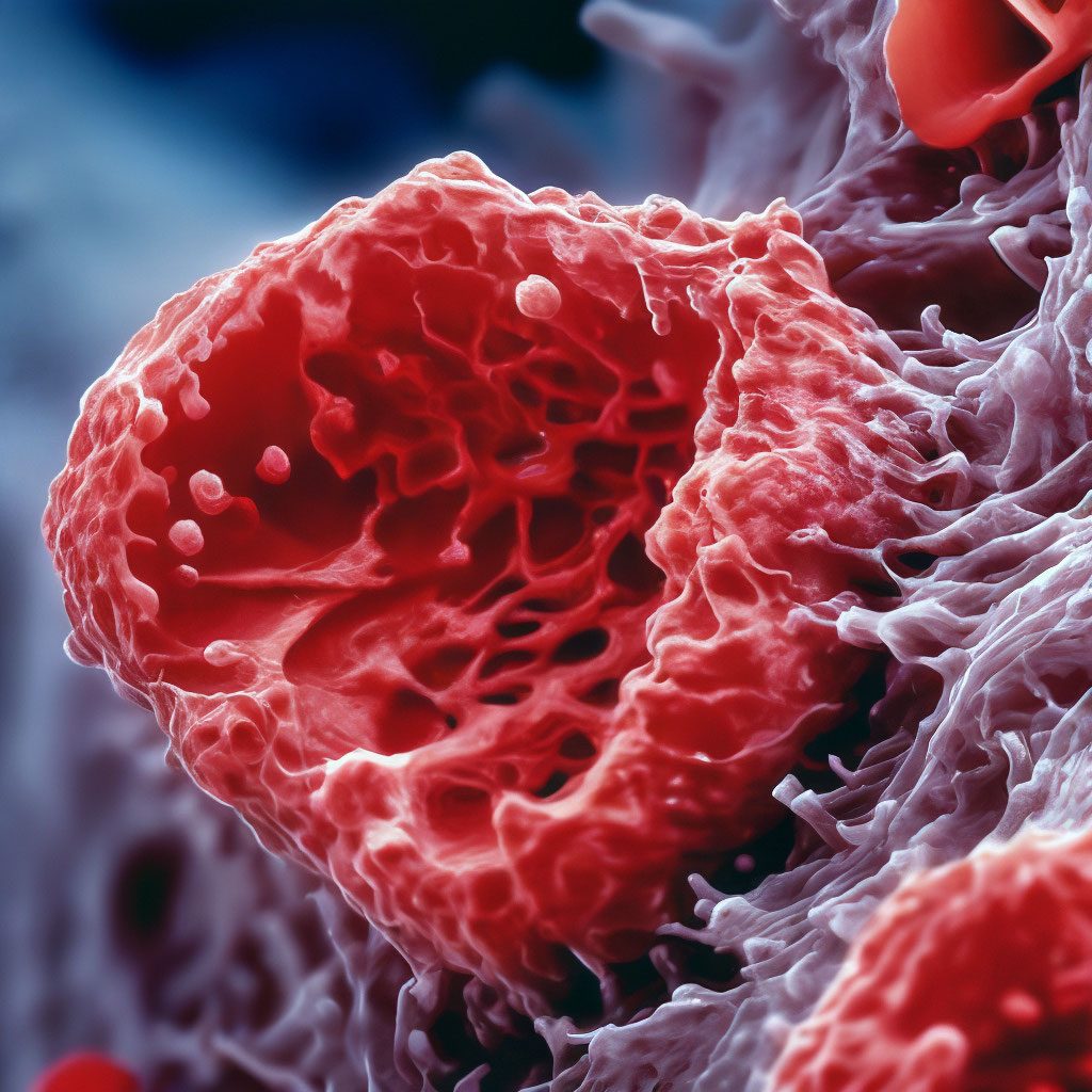 "A clot of red color under a microscope" — image created in Shedevrum